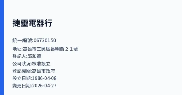 捷靈電器行的照片-統編 06730150(高雄市) 公司登記資料與營業項目詳細圖表