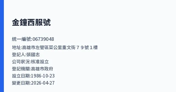 金鐘西服號的照片-統編 06739048(高雄市) 公司登記資料與營業項目詳細圖表