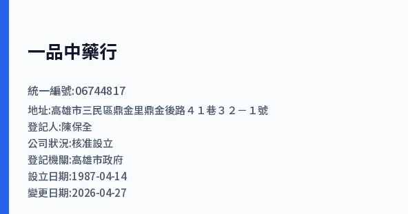 一品中藥行的照片-統編 06744817(高雄市) 公司登記資料與營業項目詳細圖表