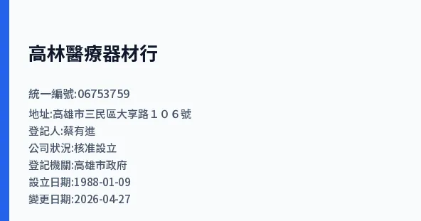 高林醫療器材行的照片-統編 06753759(高雄市) 公司登記資料與營業項目詳細圖表