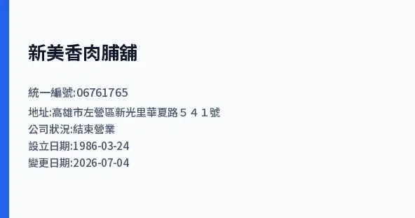 新美香肉脯舖的照片-統編 06761765(高雄市) 公司登記資料與營業項目詳細圖表