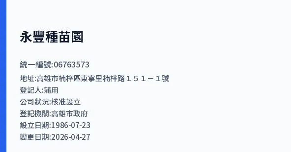 永豐種苗園的照片-統編 06763573(高雄市) 公司登記資料與營業項目詳細圖表