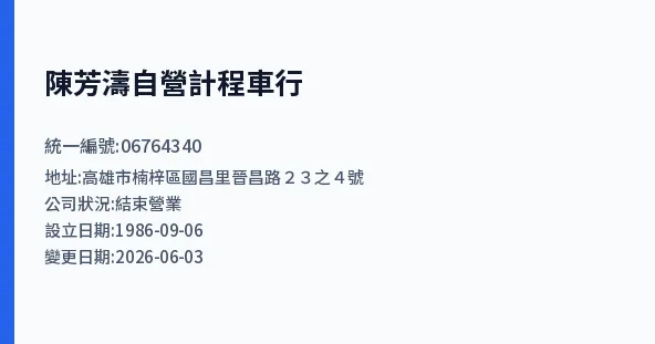 陳芳濤自營計程車行的照片-統編 06764340(高雄市) 公司登記資料與營業項目詳細圖表