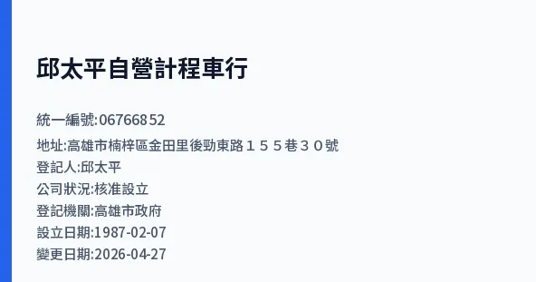 邱太平自營計程車行的照片-統編 06766852(高雄市) 公司登記資料與營業項目詳細圖表