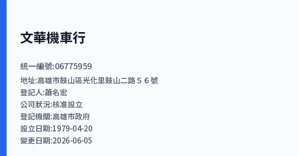 文華機車行的照片-統編 06775959(高雄市) 公司登記資料與營業項目詳細圖表