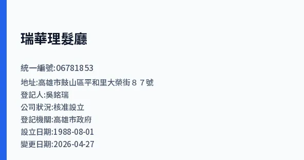 瑞華理髮廳的照片-統編 06781853(高雄市) 公司登記資料與營業項目詳細圖表