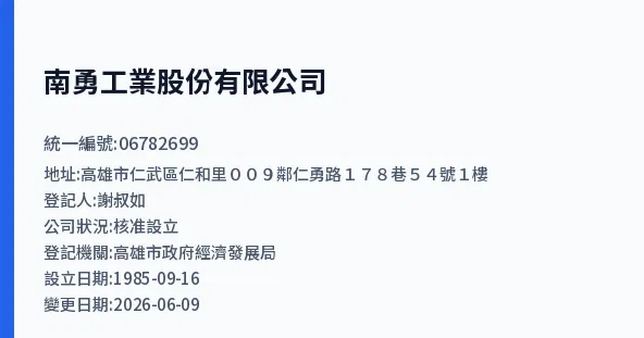 南勇工業股份有限公司的照片-統編 06782699(高雄市) 公司登記資料與營業項目詳細圖表