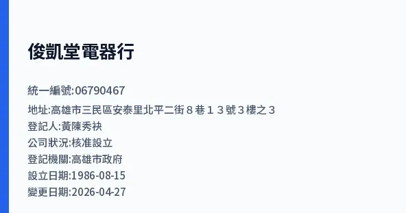 俊凱堂電器行的照片-統編 06790467(高雄市) 公司登記資料與營業項目詳細圖表