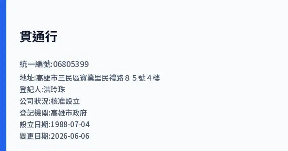 貫通行的照片-統編 06805399(高雄市) 公司登記資料與營業項目詳細圖表