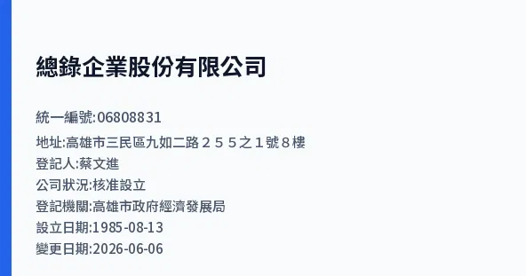 總錄企業股份有限公司的照片-統編 06808831(高雄市) 公司登記資料與營業項目詳細圖表
