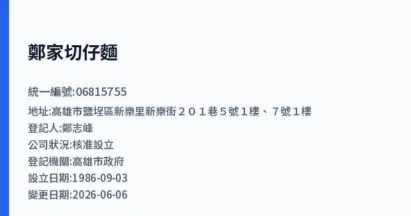 鄭家切仔麵的照片-統編 06815755(高雄市) 公司登記資料與營業項目詳細圖表