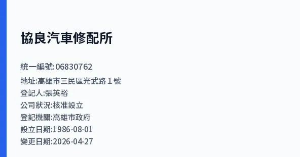 協良汽車修配所的照片-統編 06830762(高雄市) 公司登記資料與營業項目詳細圖表