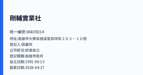 剛輔實業社的照片-統編 06835014(高雄市) 公司登記資料與營業項目詳細圖表