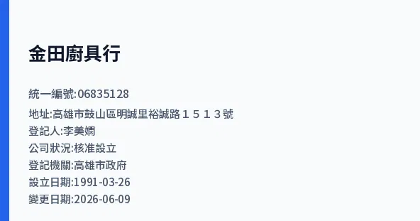 金田廚具行的照片-統編 06835128(高雄市) 公司登記資料與營業項目詳細圖表