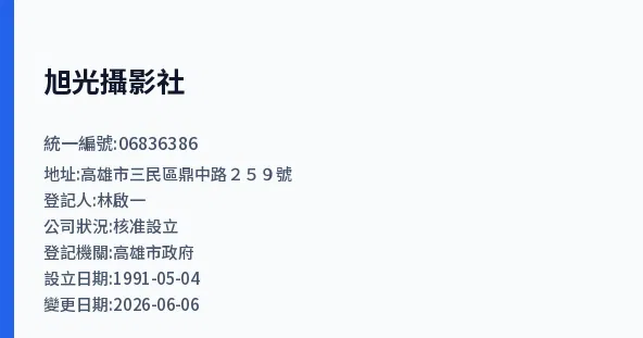 旭光攝影社的照片-統編 06836386(高雄市) 公司登記資料與營業項目詳細圖表