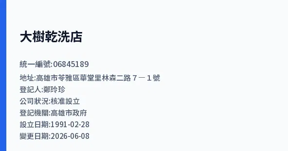 大樹乾洗店的照片-統編 06845189(高雄市) 公司登記資料與營業項目詳細圖表