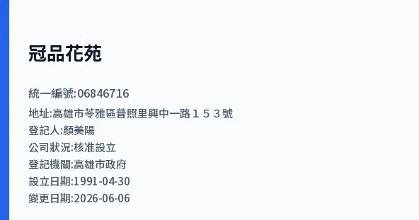 冠品花苑的照片-統編 06846716(高雄市) 公司登記資料與營業項目詳細圖表