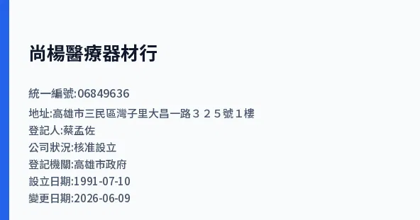 尚楊醫療器材行的照片-統編 06849636(高雄市) 公司登記資料與營業項目詳細圖表