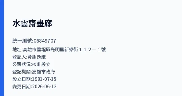 水雲齋畫廊的照片-統編 06849707(高雄市) 公司登記資料與營業項目詳細圖表