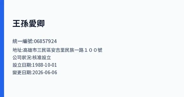 王孫愛卿的照片-統編 06857924(高雄市) 公司登記資料與營業項目詳細圖表