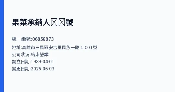 果菜承銷人號的照片-統編 06858873(高雄市) 公司登記資料與營業項目詳細圖表