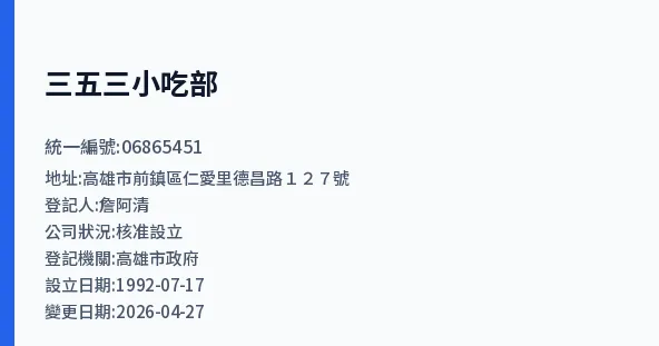 三五三小吃部的照片-統編 06865451(高雄市) 公司登記資料與營業項目詳細圖表