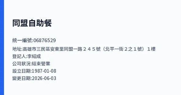 同盟自助餐的照片-統編 06876529(高雄市) 公司登記資料與營業項目詳細圖表