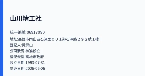 山川精工社的照片-統編 06917090(高雄市) 公司登記資料與營業項目詳細圖表