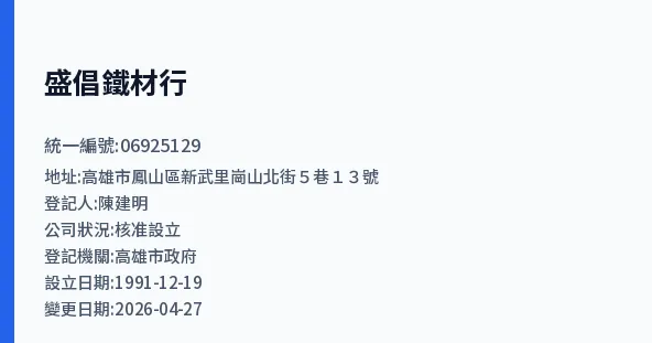 盛倡鐵材行的照片-統編 06925129(高雄市) 公司登記資料與營業項目詳細圖表