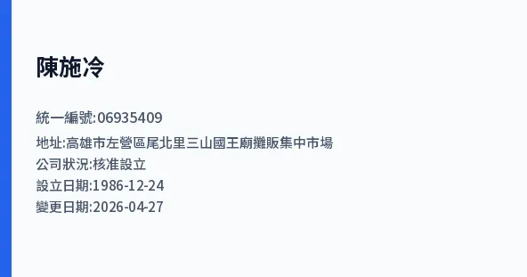 陳施冷的照片-統編 06935409(高雄市) 公司登記資料與營業項目詳細圖表