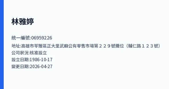 林雅婷的照片-統編 06959226(高雄市) 公司登記資料與營業項目詳細圖表