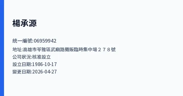 楊承源的照片-統編 06959942(高雄市) 公司登記資料與營業項目詳細圖表