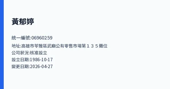 黃郁婷的照片-統編 06960259(高雄市) 公司登記資料與營業項目詳細圖表