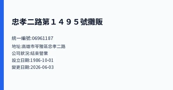 忠孝二路第1495號攤販的照片-統編 06961187(高雄市) 公司登記資料與營業項目詳細圖表