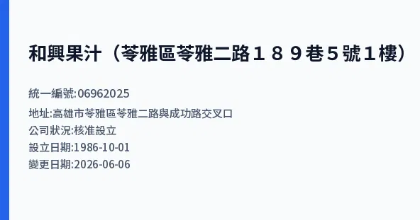 和興果汁(苓雅區苓雅二路189巷5號1樓)的照片-統編 06962025(高雄市) 公司登記資料與營業項目詳細圖表
