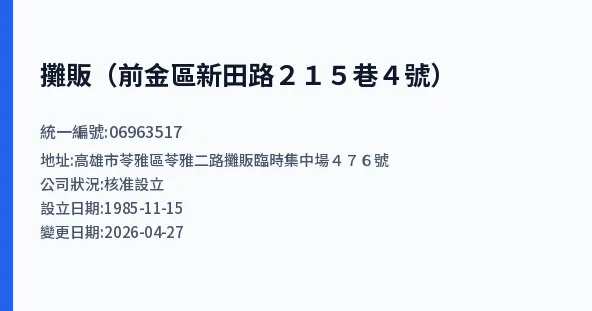 攤販(前金區新田路215巷4號)的照片-統編 06963517(高雄市) 公司登記資料與營業項目詳細圖表