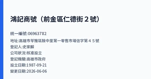 鴻記商號(前金區仁德街2號)的照片-統編 06963782(高雄市) 公司登記資料與營業項目詳細圖表