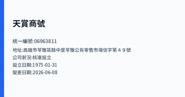 天賞商號的照片-統編 06963811(高雄市) 公司登記資料與營業項目詳細圖表