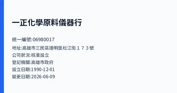 一正化學原料儀器行的照片-統編 06980017(高雄市) 公司登記資料與營業項目詳細圖表
