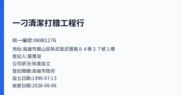 一刁清潔打腊工程行的照片-統編 06981276(高雄市) 公司登記資料與營業項目詳細圖表