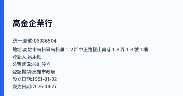 高金企業行的照片-統編 06986504(高雄市) 公司登記資料與營業項目詳細圖表