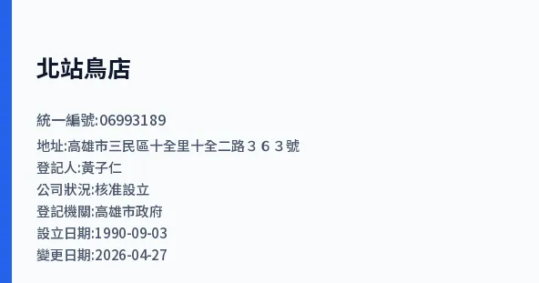 北站鳥店的照片-統編 06993189(高雄市) 公司登記資料與營業項目詳細圖表