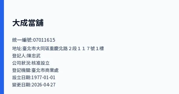 大成當舖的照片-統編 07011615(臺北市) 公司登記資料與營業項目詳細圖表