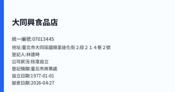 大同興食品店的照片-統編 07013445(臺北市) 公司登記資料與營業項目詳細圖表