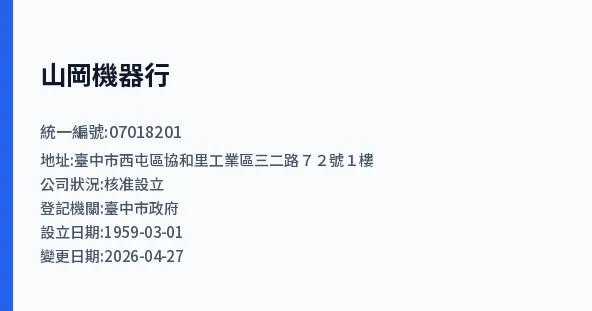 山岡機器行的照片-統編 07018201(臺中市) 公司登記資料與營業項目詳細圖表