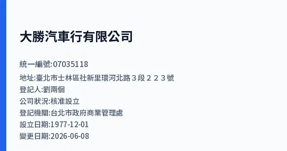 大勝汽車行有限公司的照片-統編 07035118(臺北市) 公司登記資料與營業項目詳細圖表