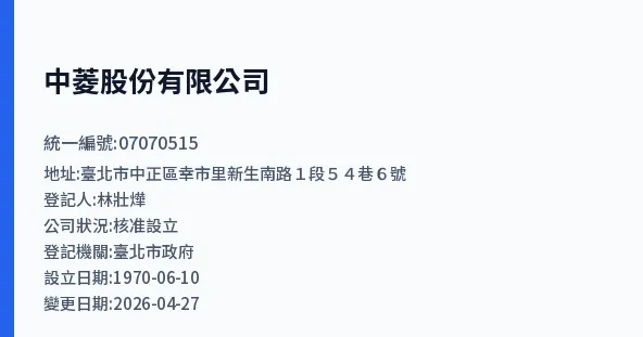 中菱股份有限公司的照片-統編 07070515(臺北市) 公司登記資料與營業項目詳細圖表