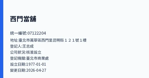 西門當舖的照片-統編 07122204(臺北市) 公司登記資料與營業項目詳細圖表