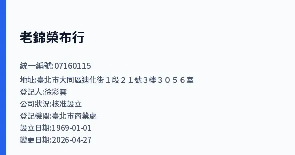 老錦榮布行的照片-統編 07160115(臺北市) 公司登記資料與營業項目詳細圖表