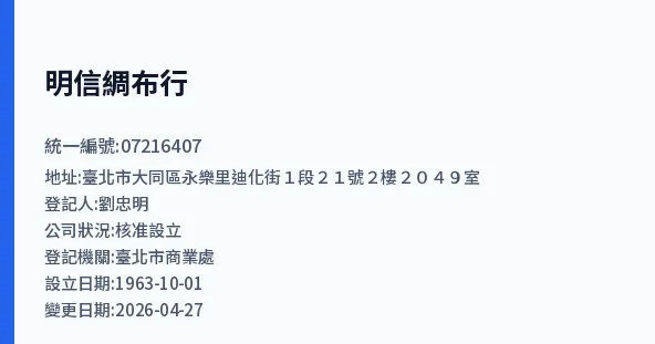 明信綢布行的照片-統編 07216407(臺北市) 公司登記資料與營業項目詳細圖表